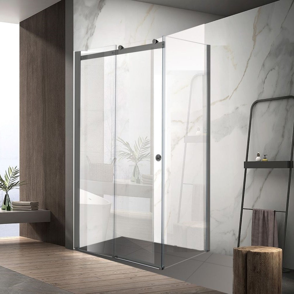 Sunny Gun Metal 900–1800×2000mm L Shape Frameless Clear Glass Sliding